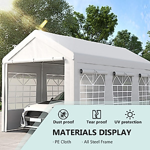 Outsunny 10' x 20' Party Tent and Carport, Height Adjustable Portable Garage, Outdoor Canopy Tent 8 Legs with Sidewalls for Car, Truck, Boat, Motorcycle, Bike, Garden Tools, White