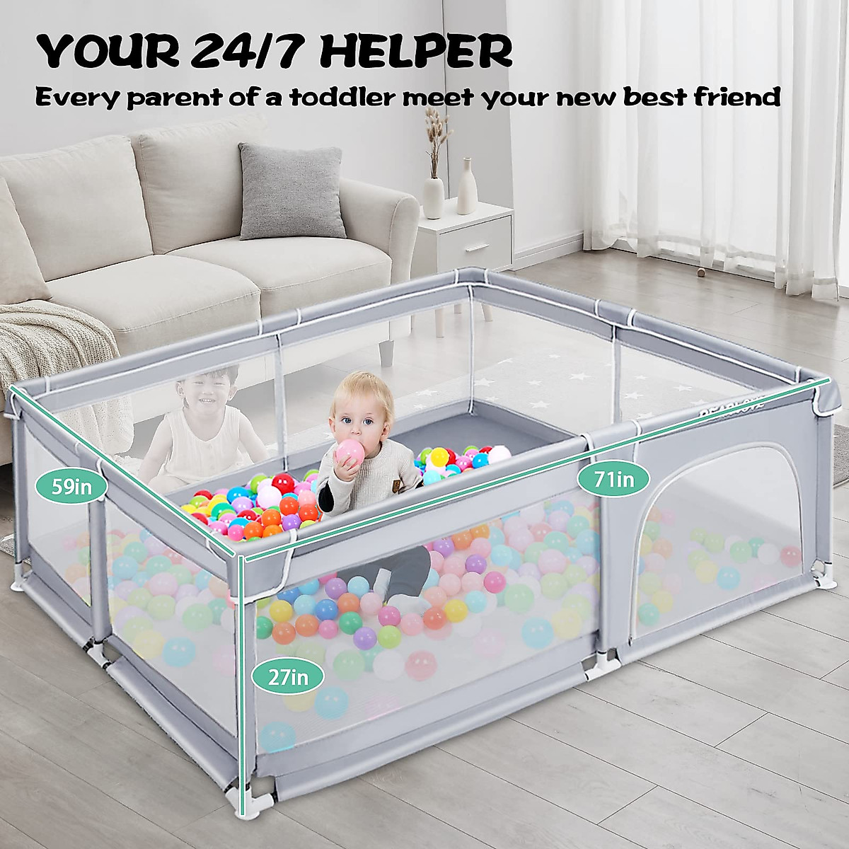 Large Baby Playpen, 71x59 Extra Large Baby Playard for Toddler, Playpens for Babies, Sturdy Safety Kids Activity Center, Baby Gate Playpen with Breathable Mesh 2 Handles（Light Gray）