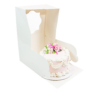 Global Sugar Art Auto-Popup Deep Square Cake Box with Window, White 8 x 8 x 5 Inches, 5 Count