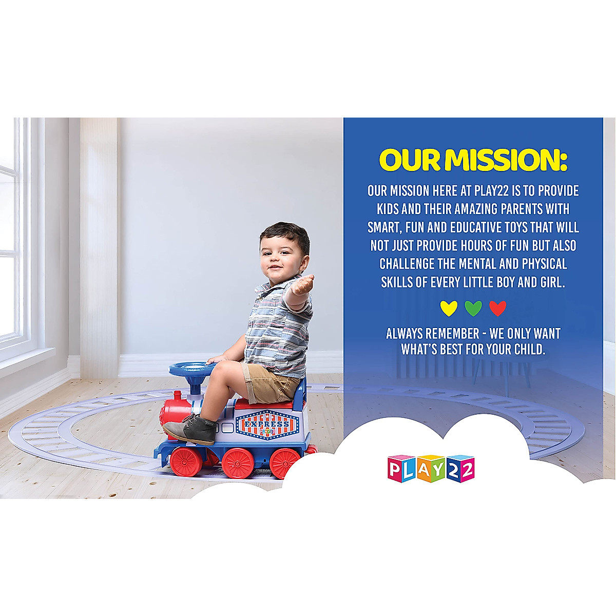 Play22 Electric Ride On Toy Train with Tracks - Ride On Train for Toddlers 1-3 Features Fun Flashing Lights and Music, Storage Seat, 16 Tracks - Playable Without Tracks - Riding Toys for Kids