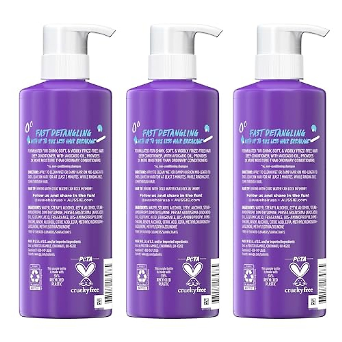 Aussie 3 Minute Miracle Moist Deep Conditioner for Dry Hair, Avocado & Jojoba Oil, Safe for Color Treated Hair, Nourishing Hydration, Silky Shine, Paraben-Free, 16 Fl Oz Each, Triple Pack