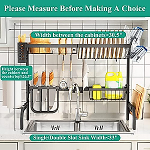 Parosan Dish Drying Rack Over Sink Adjustable (25.5"-33.5"), 2 Tier Iron Expandable Dish Rack Drainer with 5 Utility Hooks, Kitchen Counter Organizer Storage Space Saver Shelf (Black)