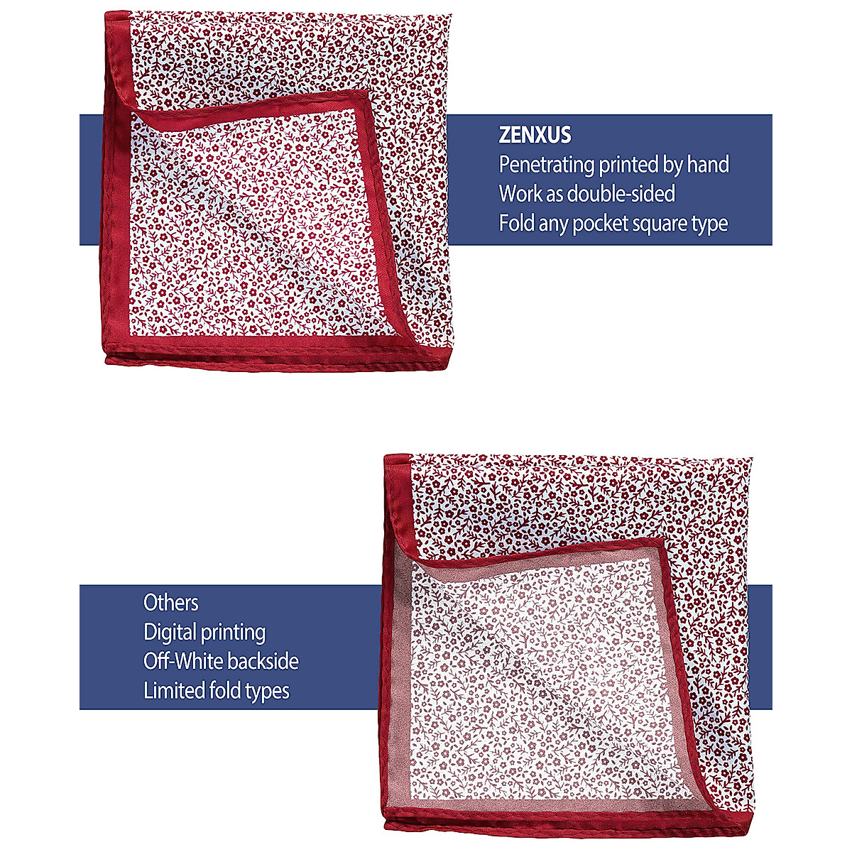 ZENXUS Printed Pocket Squares 8-Pack, plus 3 Folds Holder, Penetrating Printed Men's Handkerchiefs, Sewn by Hand