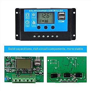 GCSOAR Solar Charge Controller 10A 12V/24V Solar Panel Battery Auto Paremeter Adjustable LCD Display PWM Regulator with Dual USB Port