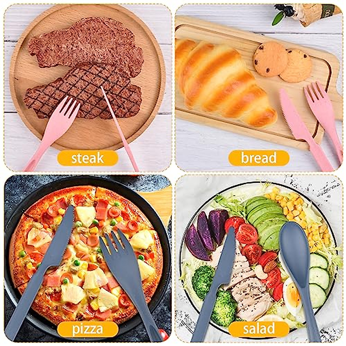 Travel Utensil Set with Case, 2 Sets Forks Spoons and Knives Set, Wheat Straw Reusable Plastic Utensils, Portable Cutlery Set, BPA Free Lunch Box Utensils Set for Work, Dorm, Camping (Pink, Blue)