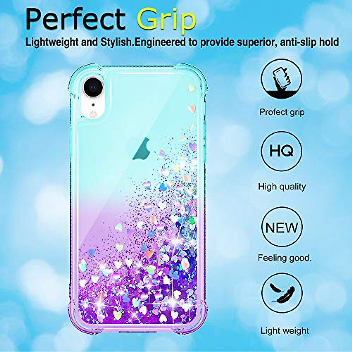 Gritup iPhone XR Case, iPhone XR Phone Case 6.1 inch with HD Screen Protector for Girls Women, Cute Clear Gradient Glitter Liquid TPU Slim Phone Case for iPhone XR Teal/Purple