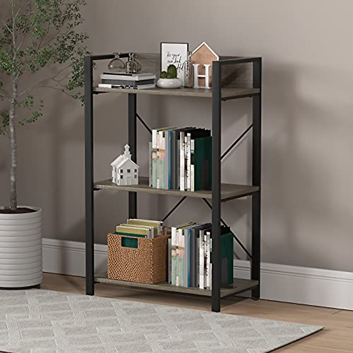 FSSunit Bookcase 3-Tier Industrial Bookshelf Open Wood Shelving Unit with Metal Frame for Living Room