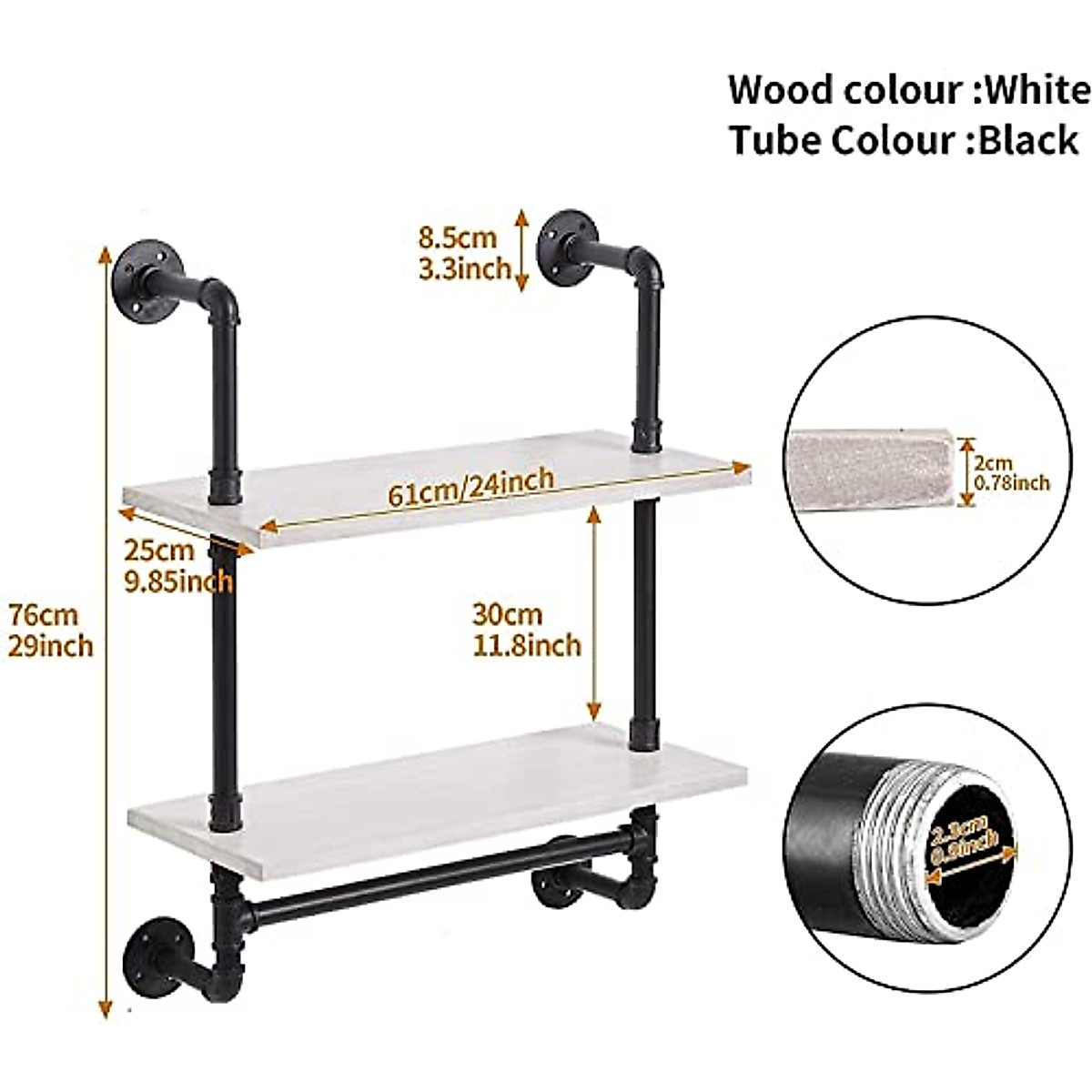 ROGMARS Industrial Pipe Shelving Bathroom Pipe Shelves with Towel Bar,2 Tier 24 inch Retro White Rustic Farmhouse Pipe Industrial Wall Shelves Bathroom Shelves Over Toilet for Storage