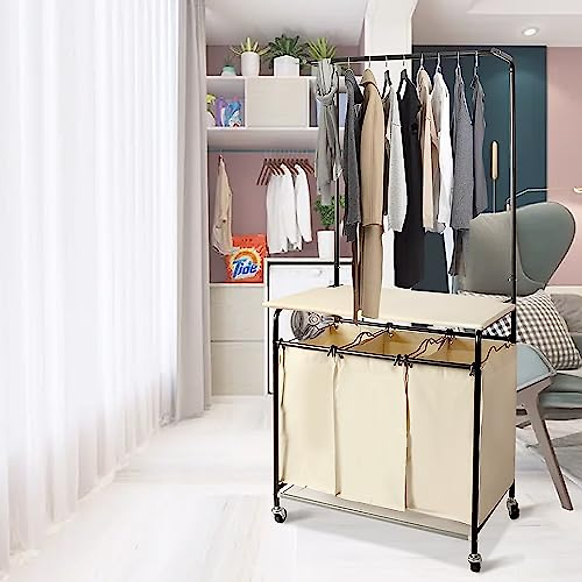 MYOYAY 3 Section Laundry Sorter with Garment Hanging Bar Rack Foldable Ironing Board, Laundry Basket Organizer Heavy Duty Laundry Hamper Rolling Cart with Lockable Wheels and 3 Removable Bags