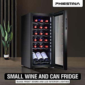 Phiestina Wine Cooler Wine and Beverage Refrigerator 18 Bottles or 15 Bottles 9 cans Beer Fridge Freestanding,with Removable Shelves Interior Lighting Digital Touch Control for Home/Bar/Office
