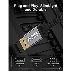 HIIRII DisplayPort Cable 1.4, DP Cable 8K 6.6FT (8K@60Hz, 4K@144Hz, 1080P@240Hz) 32.4Gbps, HDCP 2.2, HDR10 DisplayPort 1.4 for Gaming Monitor, Graphics, PC (6.6ft, Grey, 1)