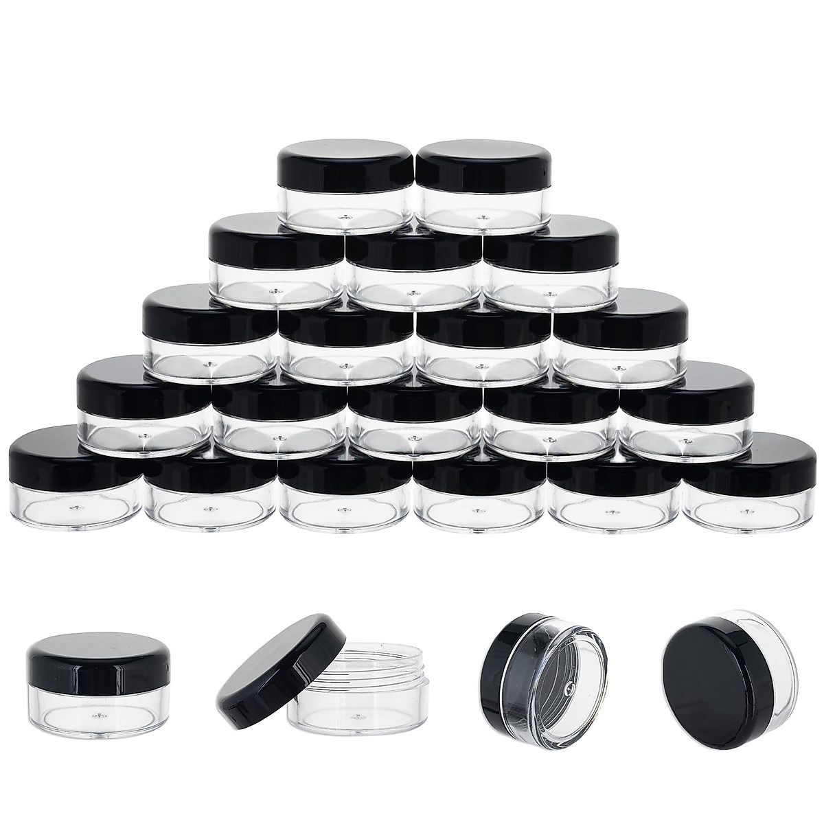 10 Gram 20 Count Sample Containers, Small Plastic Containers with Lids, Empty Sample Jars with Labels and Mini Disposable Spatulas(Black Lid)