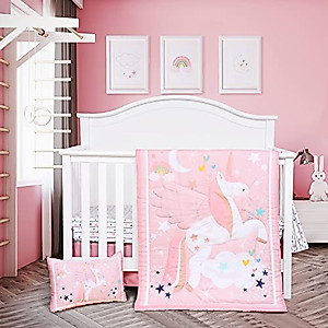 JISEN 5 Piece Crib Bedding Set for Girls Unicorns Baby Girl Bedding Crib Set Nursery Bedding Sets - Crib Quilt Crib Sheet Pillowcase Crib Skirt Diaper Stacker