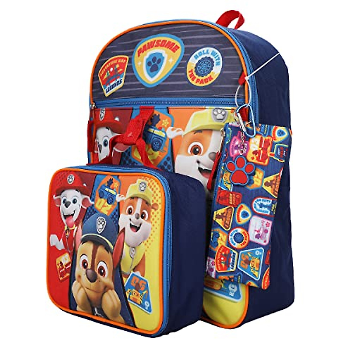 Paw Patrol Backpack Set Kids 5 Piece 16" Backpack Lunchbox Utility Case Rubber Keychain Carabiner