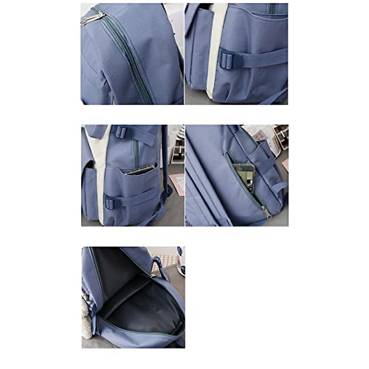 Aesthetic Backpack Set for Teens 5pcs for School Cute Kawaii Backpack with Pins and Plushies Cute Accessories (Blue)