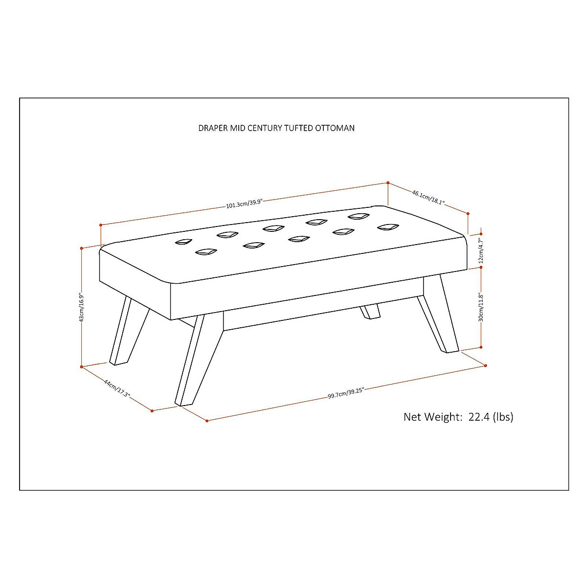 SIMPLIHOME Draper 40 inch Wide Mid Century Modern Rectangle Tufted Ottoman Bench in Ash Blonde Faux Leather, for Living Room, Bedroom