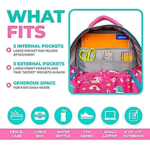 Unicorn Backpack with Lunch Box for Girls, Cute 15” Girl Backpacks and Integrated Lunch Bag with Water Bottle Pocket Holder, Insulated Padded Travel Bags Boxes for Elementary School Kids, Pink Teal