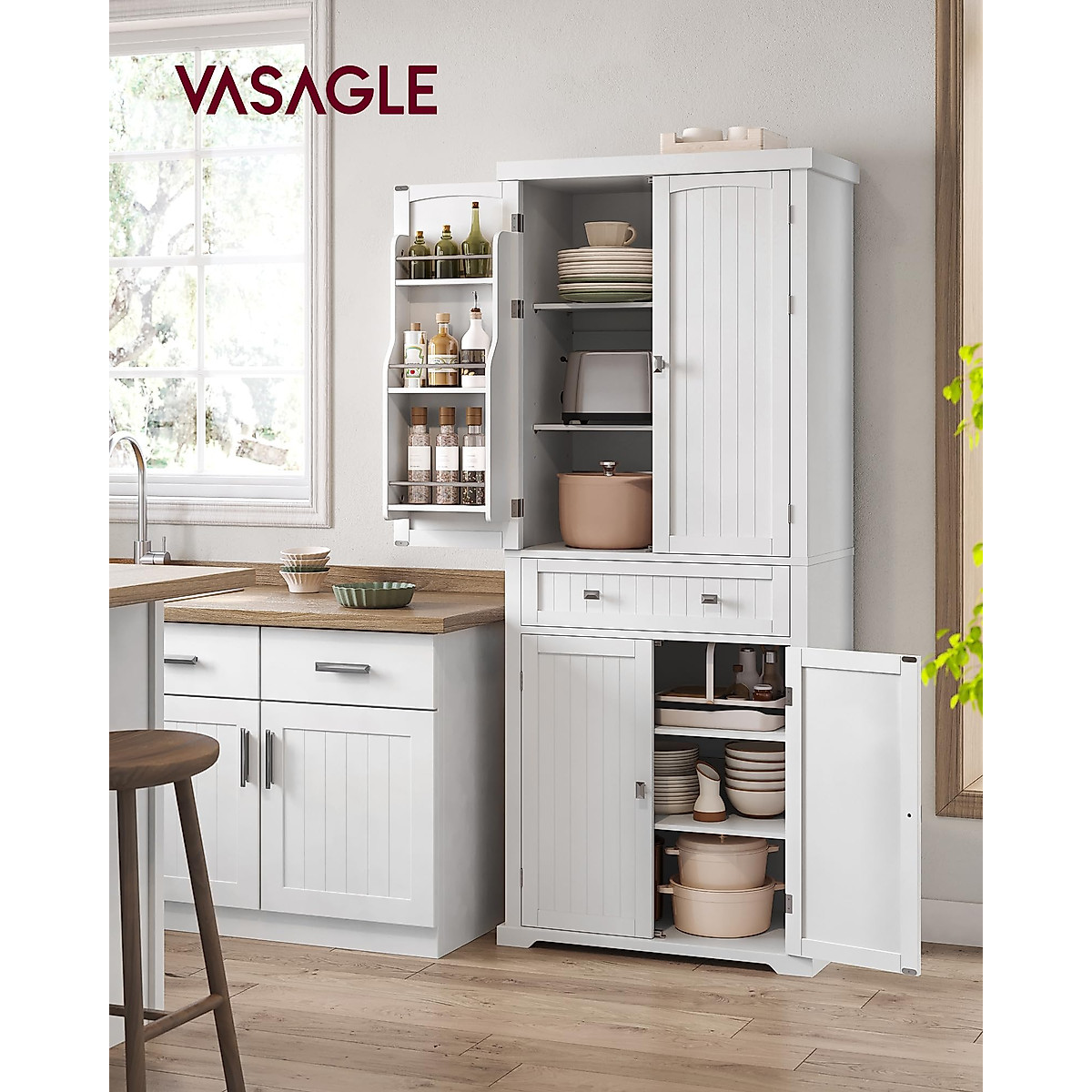 VASAGLE Pantry Cabinet, 71.7-Inch High Freestanding Tall Cupboard Storage Cabinet with a Drawer, 2 Cabinets, 4 Adjustable Shelves, 6 Door Shelves, for Living Room, Kitchen, White UBBC561P31V2