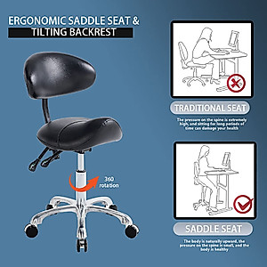 MWOSEN Saddle Stool Chair with Back Rolling Esthetician Seat for Salon Tattoo Shop Spa Facial lash Home Dentist Clinic Esthetician Chair(with Back Support, Black)