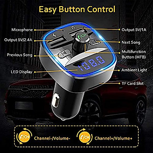 Bluetooth FM Transmitter for Car, Blue Ambient Ring Light Wireless Radio Car Receiver Adapter Kit with Hands-Free Calling, Dual USB Charger 5V/2.4A and 1A, Support SD Card, USB Disk (Black)