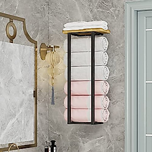 Towel Racks for Bathroom, Towel Rack Holder Wall Mounted Towel Storage, Homeiju Metal Towel Holder with Bamboo Shelf, Wall Towel Storage Rack Shelf for Rolled Towels, Black