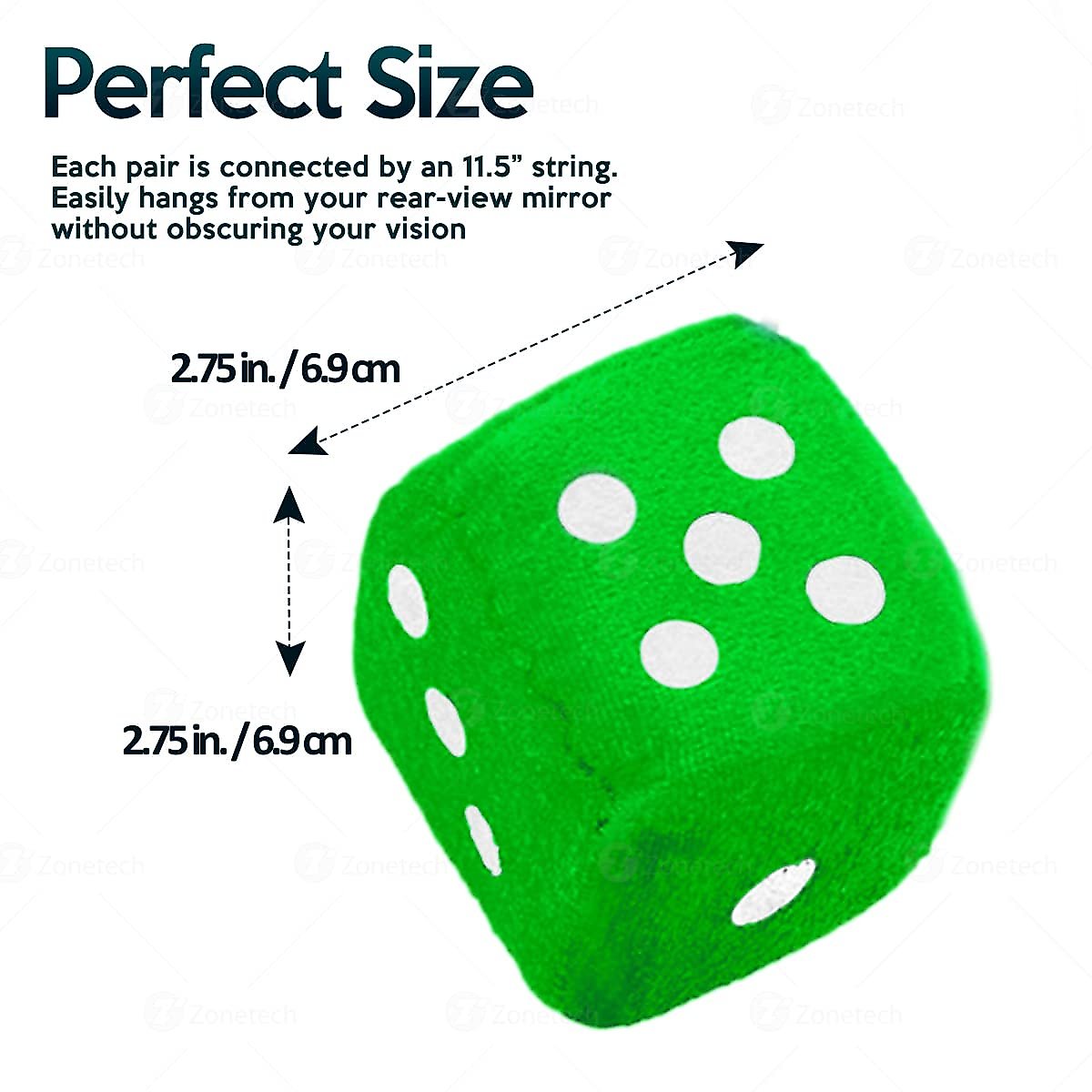 ZONETECH Green 3" Square Hanging Dice-Soft Fuzzy Decorative Vehicle Hanging Mirror Dice with White Dots - Pair