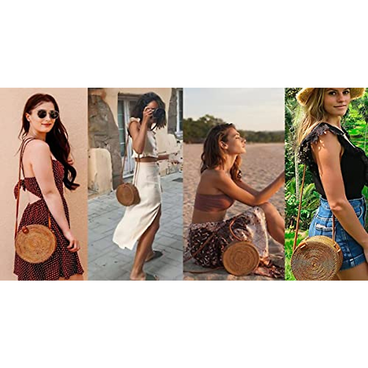 Handwoven Round Rattan Bag Shoulder Leather Straps Natural Chic Hand