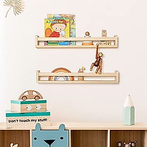 Fun Memories Nursery Book Shelves Set of 2 - Rustic Natural Solid Wood Floating Bookshelf for Kids - Wall Book Shelves Kitchen Spice Rack for Kids Room, Home Decor - Natural Wood - 24 Inch