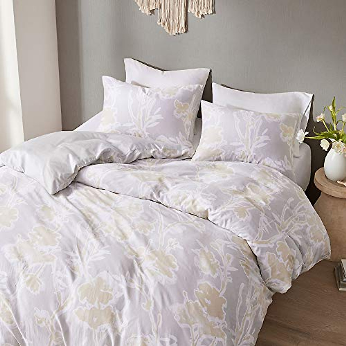INTELLIGENT DESIGN Reversible 100% Cotton Sateen Duvet - Breathable Comforter Cover, Modern All Season Bedding Set with Sham (Insert Excluded), Tanet, Flower Grey King/Cal King(104"x90")