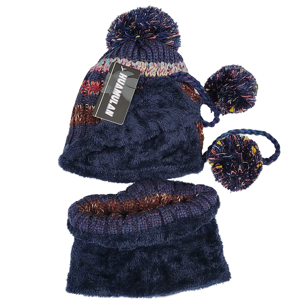 HUAMULAN Women Winter Beanie Hat Circle Scarf Set Pompoms Peruvian Ski Snow Ear Flaps Sherpa Knit Hats Fleece Lined Slouchy