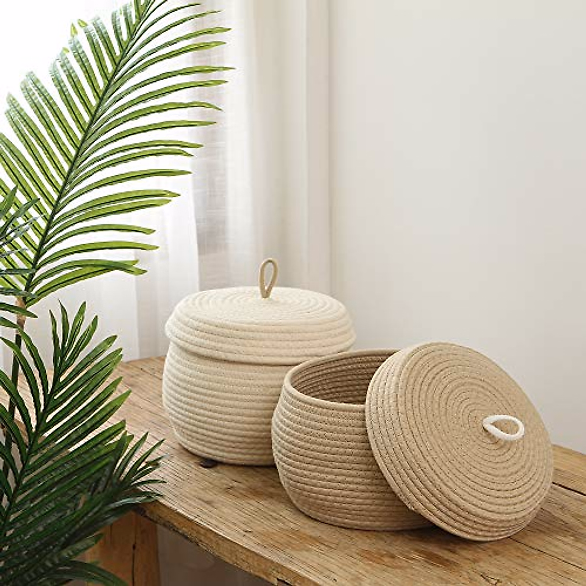 Sea Team Round Cotton Rope Storage Basket with Lid, Decorative Woven Storage Bin, Pot, Caddy, Organizer, Container for Snacks, Towels, Plants, 10 x 7.5 Inches (Small, Cream)