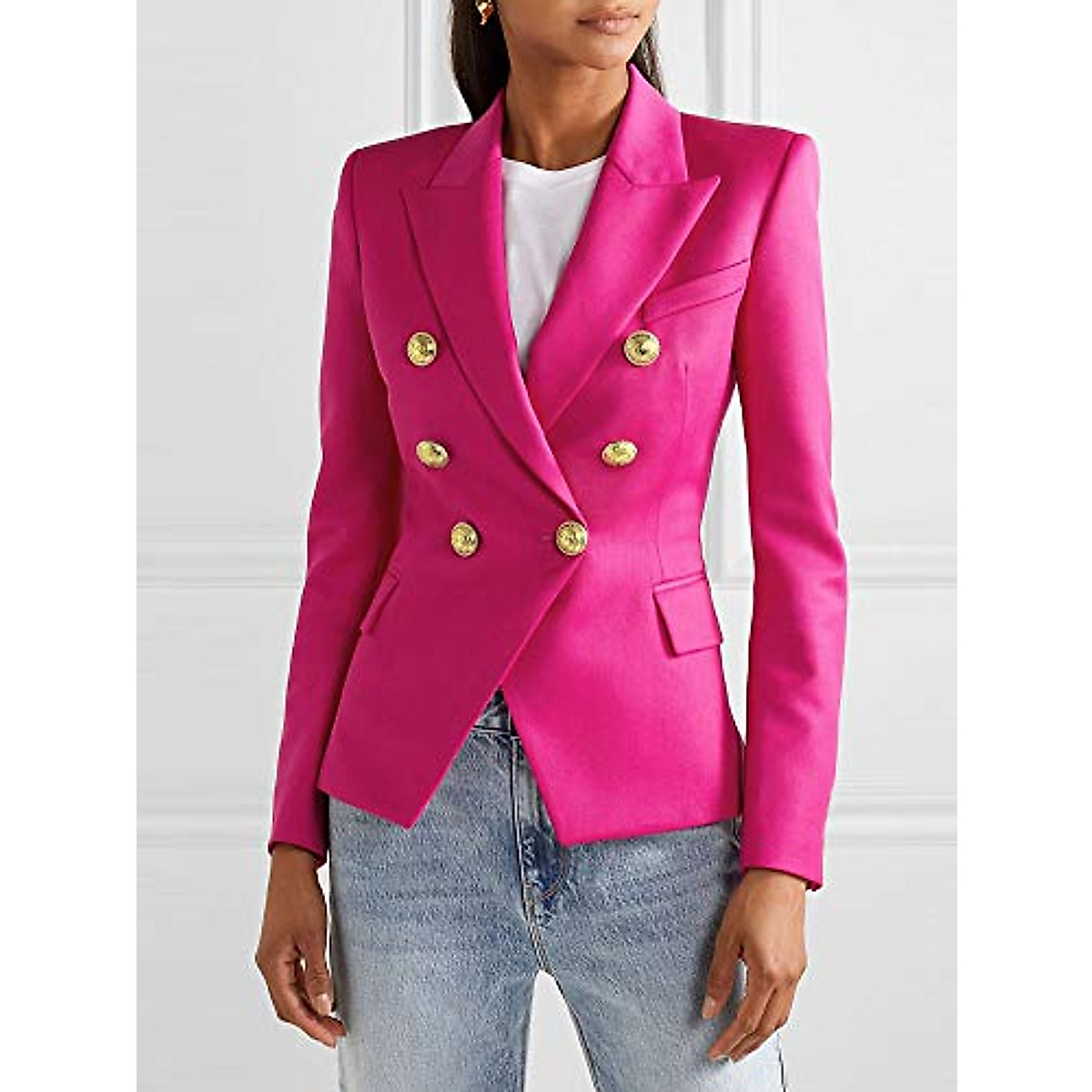 chouyatou Women's Vintage Double Breasted Slim Fit Dress Suit Blazer Jacket (Large, Hot Pink)