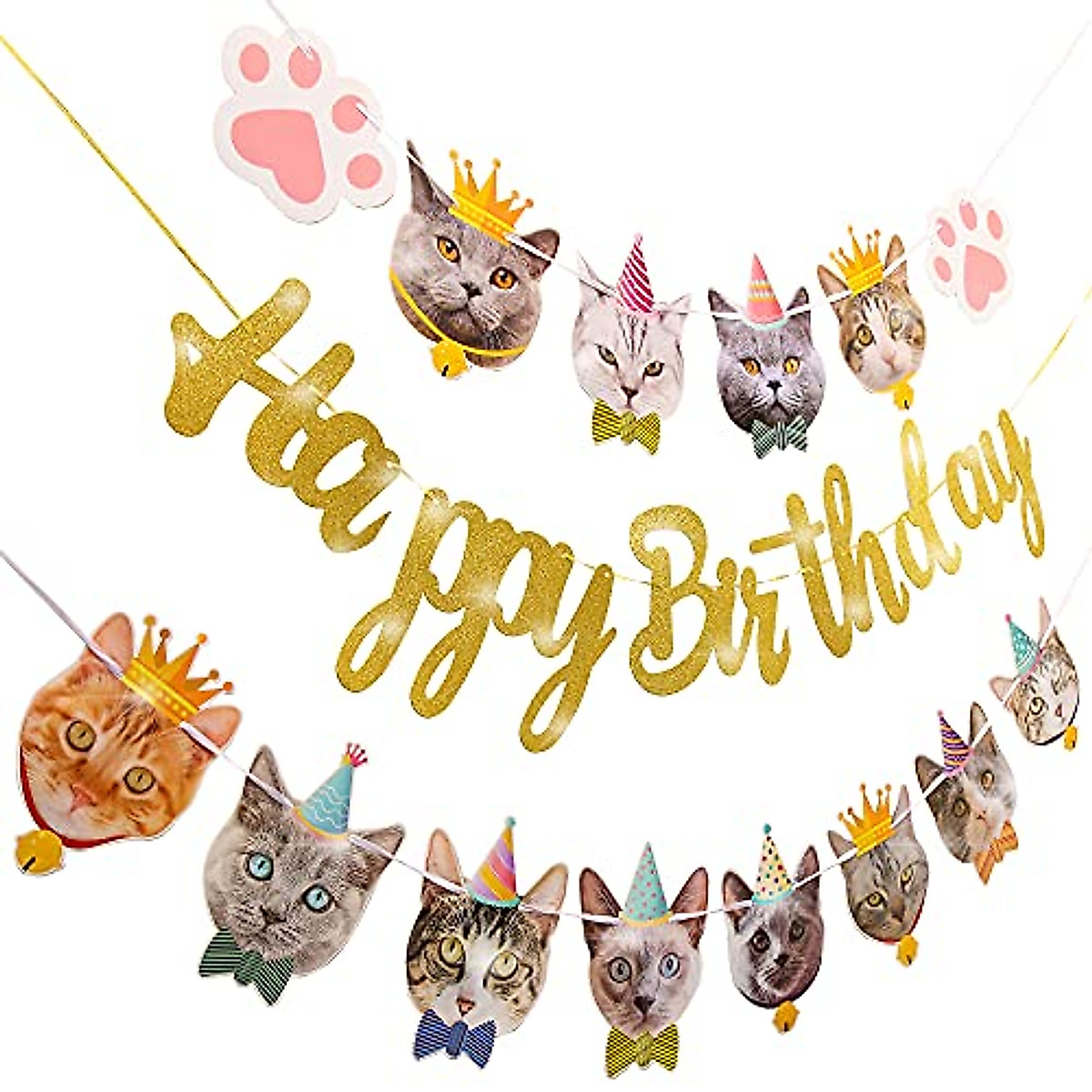 Cat Birthday Party Decoration Cat Faces Banner Gold Glitter Happy Birthday Banner for Meow Kitty Theme Birthday Party Baby Shower Supplies