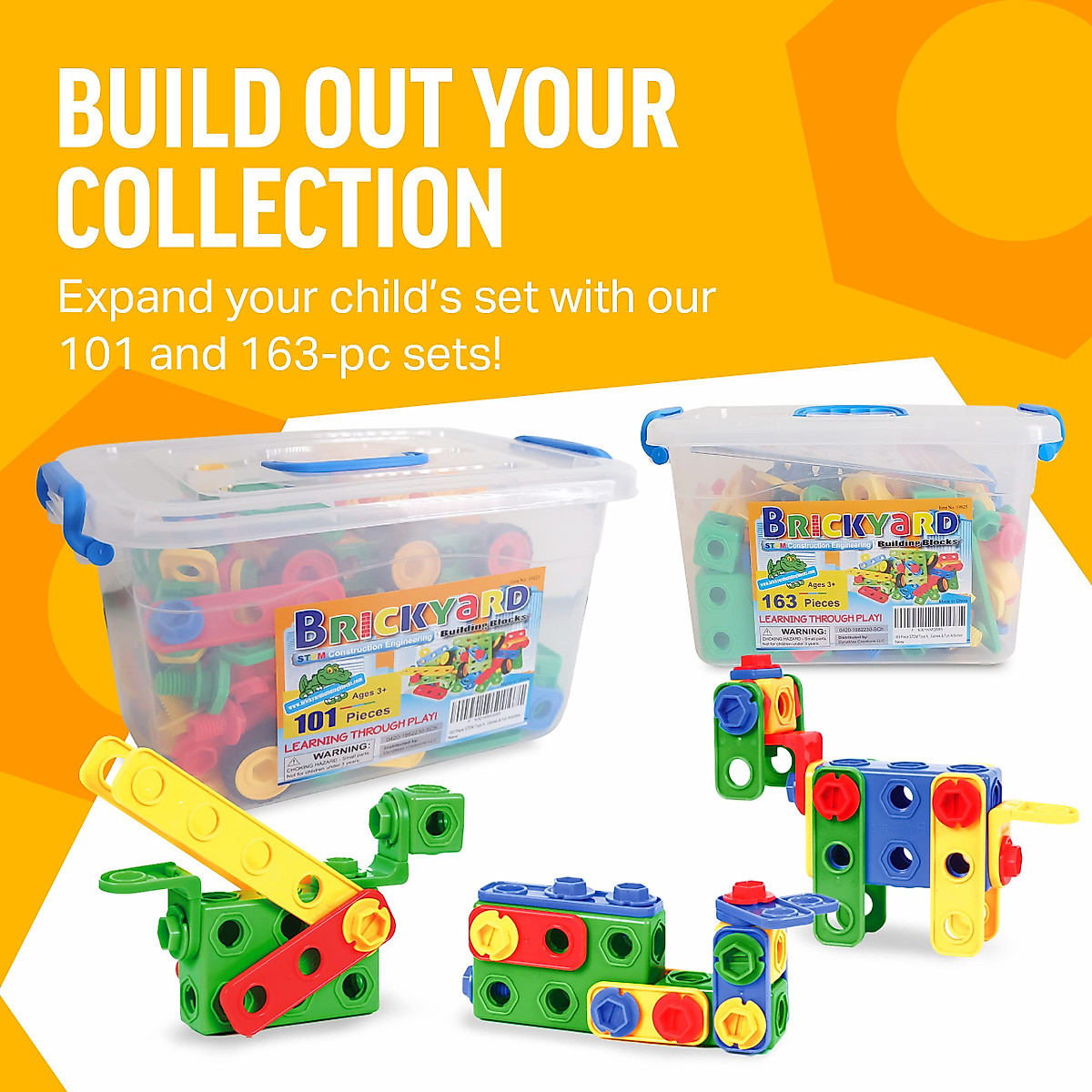 Brickyard Building Blocks STEM Toys - Educational Building Toys for Kids Ages 4-8 with 163 Pieces, Tools, Design Guide and Toy Storage Box, Easter Basket Stuffers Gift for Boys & Girls