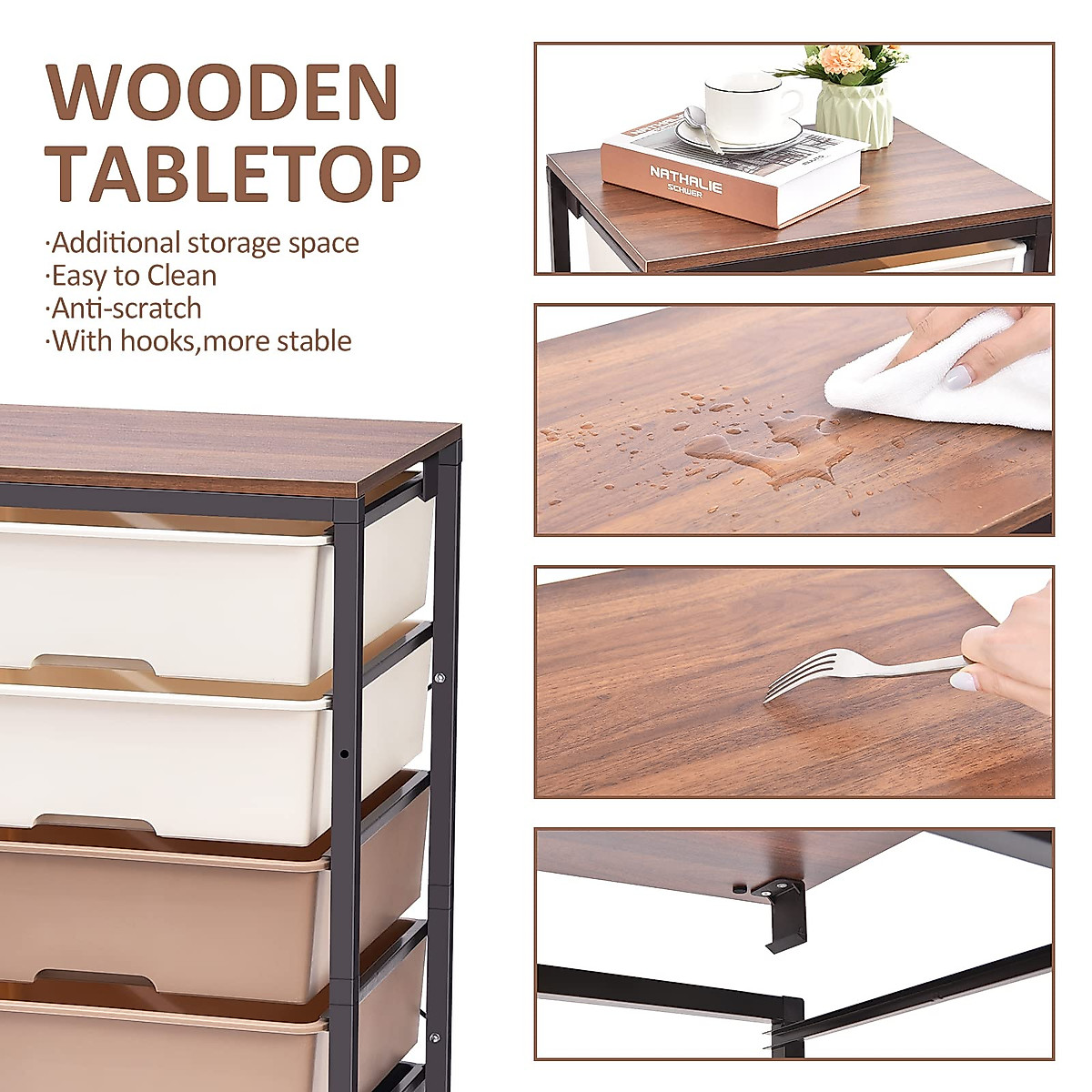 TOOLF Rolling Storage Cart with 6 Drawers,Utility Cart with Drawers and Wooden Tabletop,Storage Dresser for Bedroom,Tall Nightstand for Dorm with Large Capacity,Brown