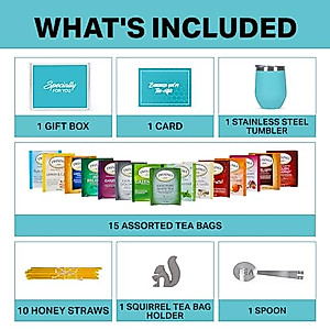 Tea Gift Sets for Tea Lovers Women and Men | Tea Gifts | Tea Gift Set | Tea Sets for Women | Stainless Steel Tumbler | 15 Unique Teas | 10 Honey Straws | Gift Box Tea Set (Teal)