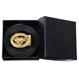 YOHOWA Fashion Belt for Men Bull Buckle Designer Gold and Black Leather Stripes Diamond Luxury Business Gift