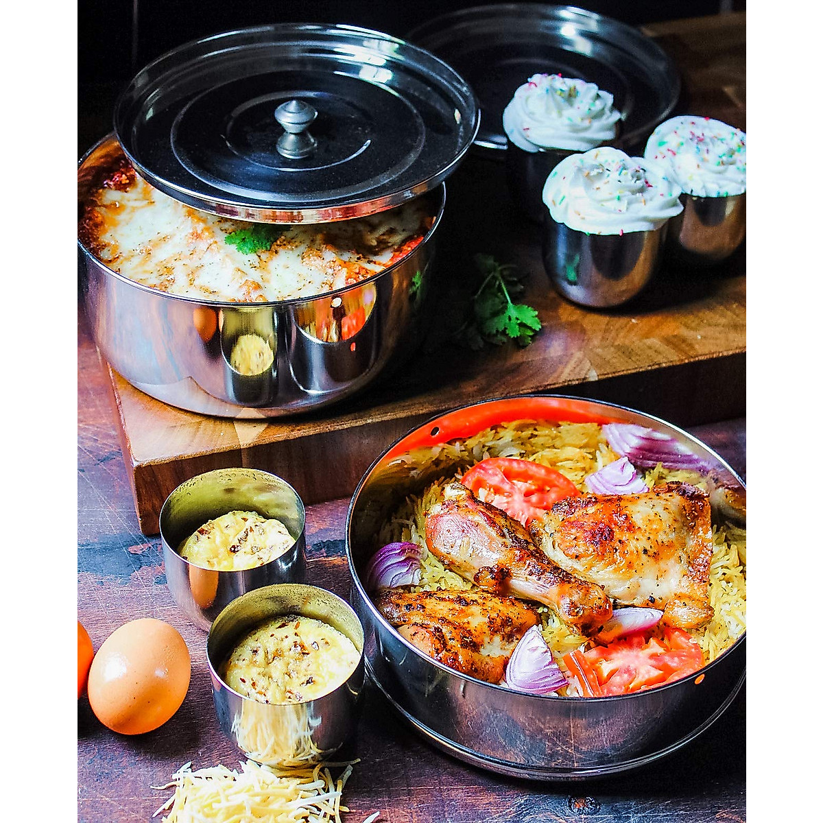 Ecozoi Premium Extra Deep Stackable Steamer Insert Pans Pot in Pot for Instant Pot 6, 8 Quart Instant Pot Accessories - 2 Tier | Interchangeable Lids | Comes with 5 Additional Mini Cups for Baking