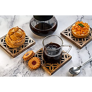 FIGTREE - Set of 6 Wooden Coasters for Drinks Absorbent with Holder, Coasters for Coffee Table Protection, Coffee Table Decor, Perfect House Warming Gift, Lattice