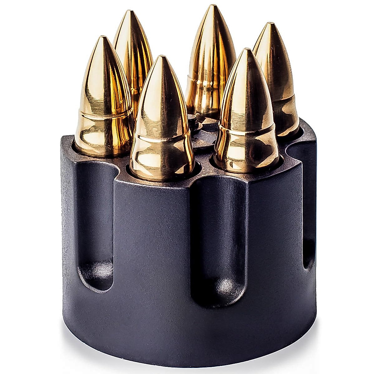 Golden Whiskey Stones Extra Large 6 Laser Engraved Stainless Steel Bullets with Revolver Barrel Base Reusable Chilling Rocks Stone Ice Cubes Chillers Birth Day Gift Set for Father's Day, Military Man.