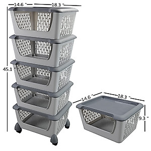 Jandson Grey Plastic Stacking Baskets, Large Stackable Storage Bins, 5 Packs