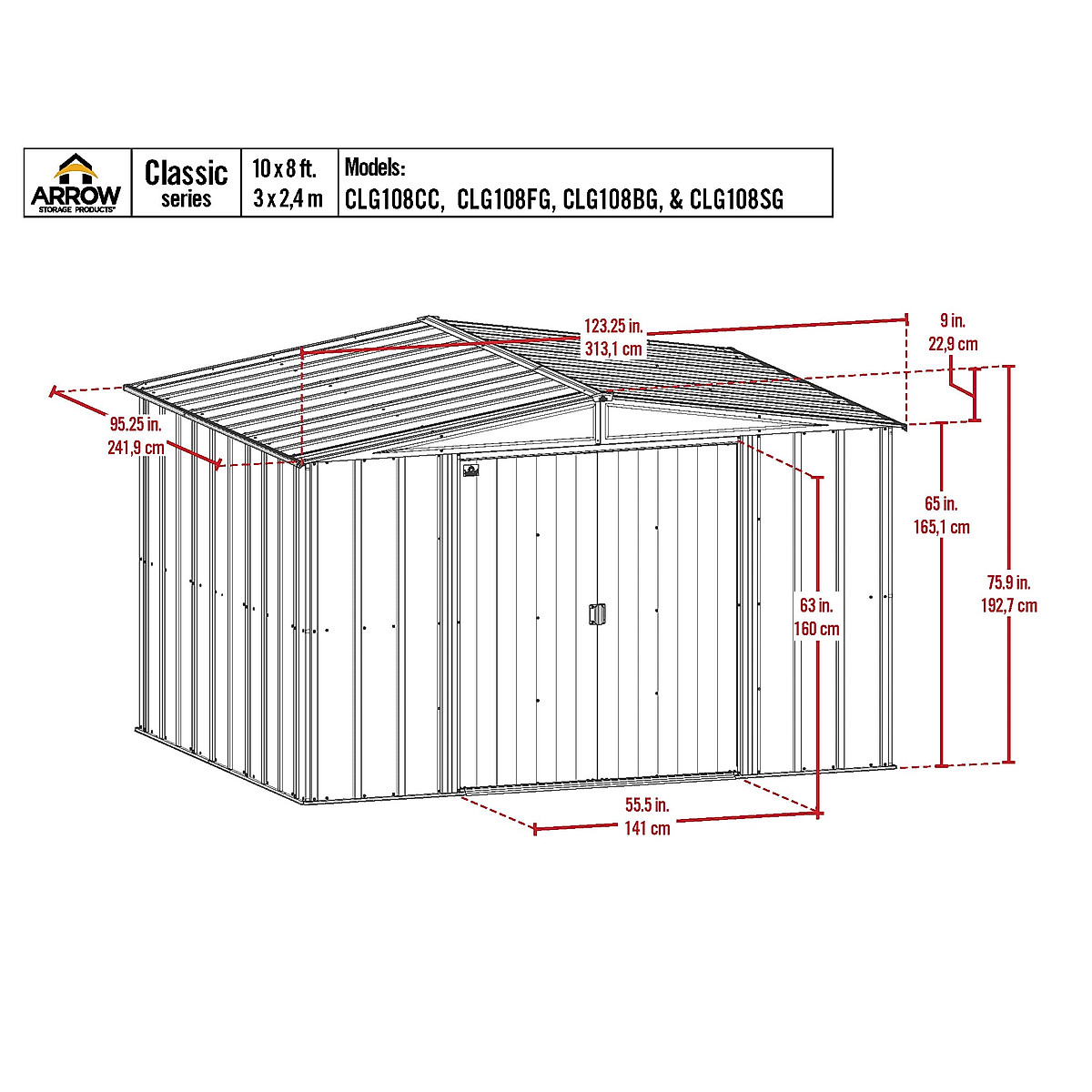 Arrow Classic Steel Storage Shed, 10x8, Charcoal