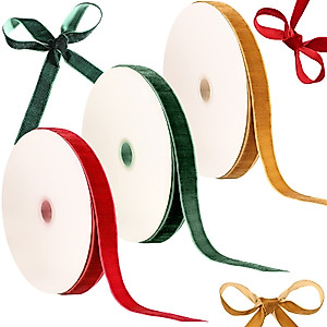 Patelai 3 Rolls 75 Yards Christmas Velvet Ribbon Vintage Velvet Ribbon Spool Green Red and Khaki Velvet Ribbon Roll for Christmas Wedding Wrapping DIY Crafts Decoration Favors (3/5 Inch)