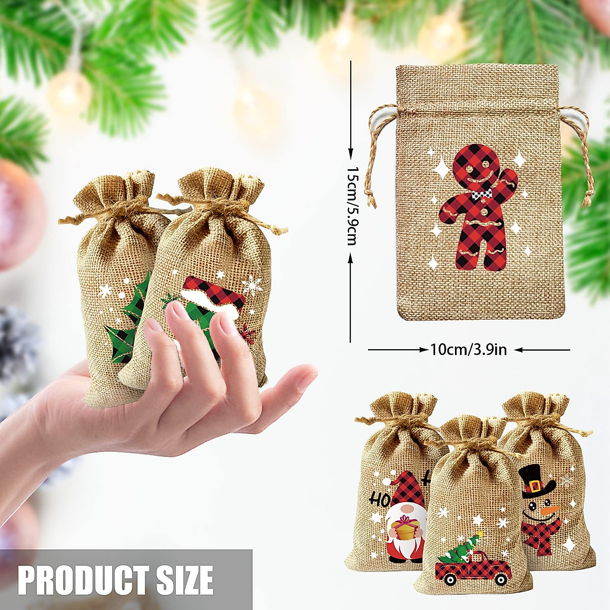 KIMOBER 36PCS Christmas Burlap Gift Bags,Jute Linen Treat Candy Bag with Double Drawstrings for Xmas Party Favor
