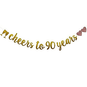 Cheers to 90 Years Banner, Pre-Strung, Gold Glitter Paper Garlands for 90th Birthday / Wedding Anniversary Party Decorations Supplies, No Assembly Required,(Gold)SUNbetterland