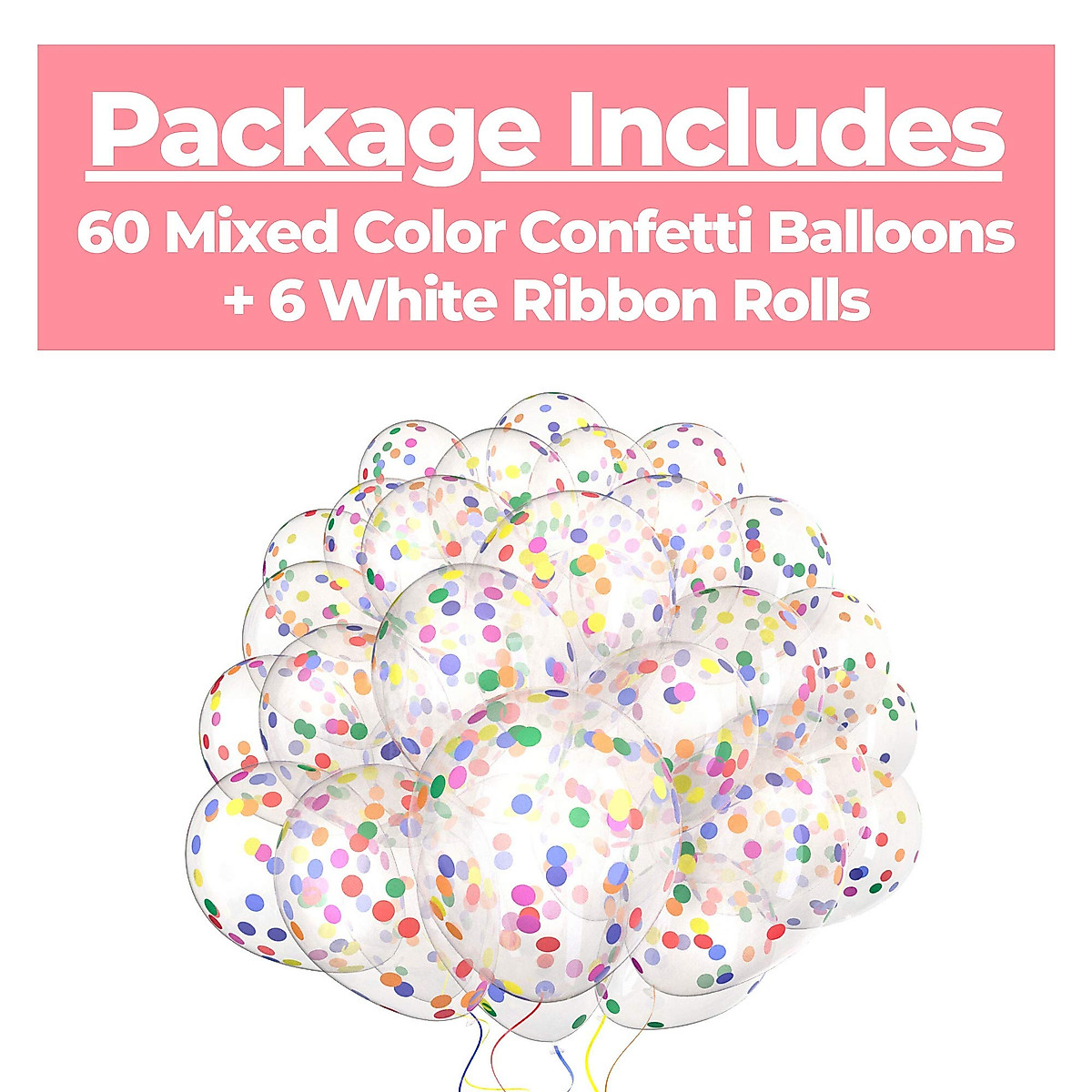 60 Pack Dandy Decor Rainbow Confetti Balloons w/Ribbon | Rainbow Balloon | Party Balloons | Helium Balloons | Multi Colored Balloons | Birthday Balloons | Globos para Fiestas | Bright Balloons