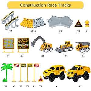 Kids Toys 253 PCS Construction Race Tracks Toy for 3 4 5 6 7 8 Year Old Boys Girls, 5 PCS Construction Truck Car and Flexible Track Play Set Create A Engineering Road Games Toddler Toys Birthday Gifts
