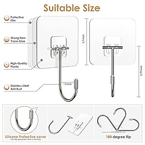 MUSICATE Large Adhesive Hooks, Transparent Self Adhesive Wall Hooks Heavy Duty 22 LB Waterproof Sticky Hooks Reusable Seamless Hooks Utility Hooks for Bathroom Kitchen Ceiling Office 10 Packs