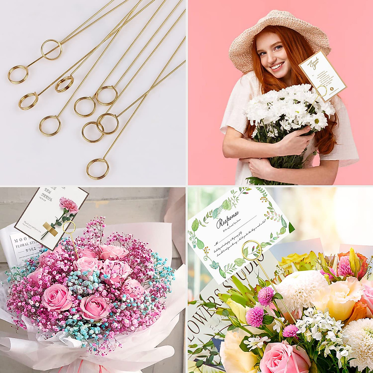 BENBO 20 Pieces Metal Wire Floral Place Card Holder Round Photo Memo Note Table Number Holder Pick Gold Floral Gift Card Holder Clips for Flower Arrangements,Wedding and Birthday Party, 13.4 Inch