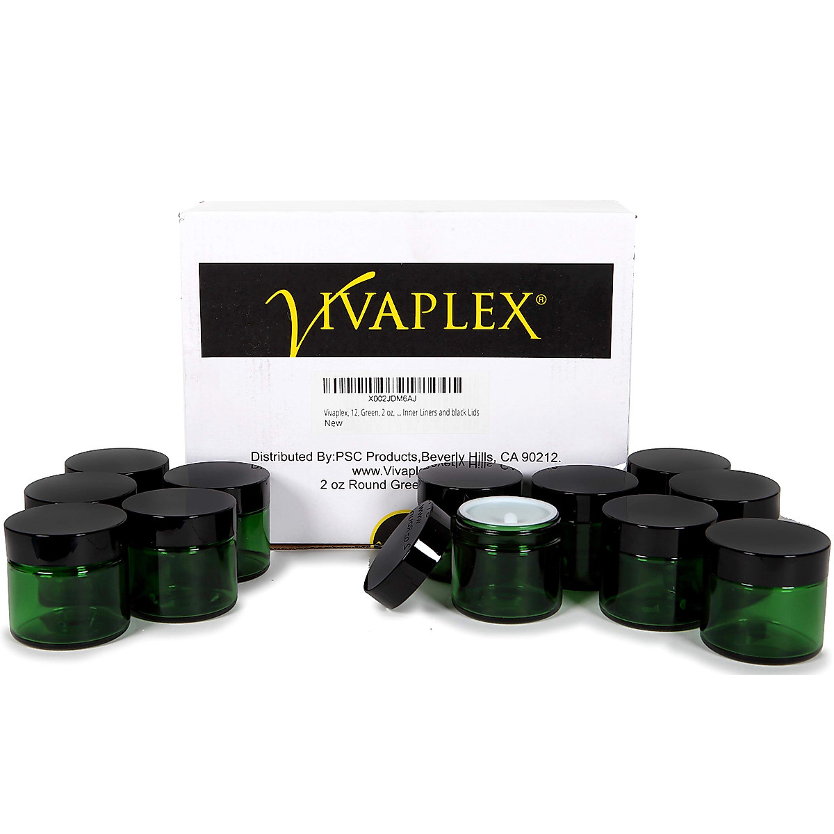 Vivaplex, 12, Green, 2 oz, Round Glass Jars, with Inner Liners and black Lids